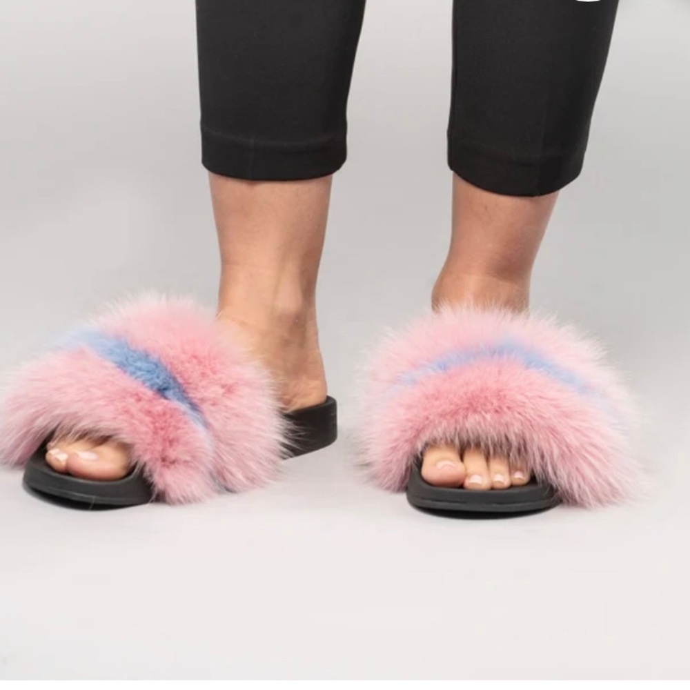 Pink Faux Fur Slides With Blue Stripe,Fluffy Slides,R… - Gem